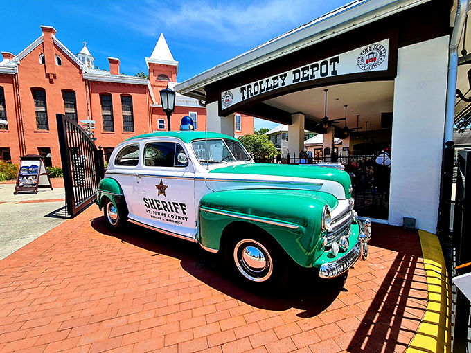 This vintage police vehicle parked outside the Trolley Depot reminds visitors of law enforcement's evolution through the decades.