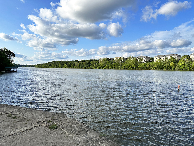 The river's gentle current reflects cloud-dappled skies, creating a mirror world where reality and reflection become beautifully confused.