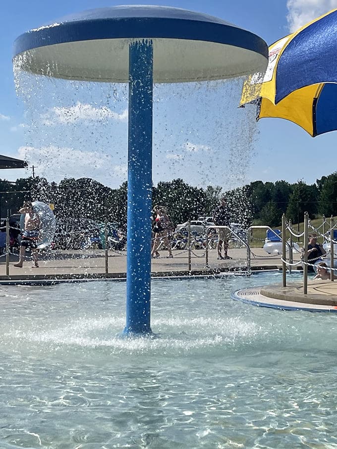 The mushroom fountain creating its own personal rainstorm, because regular water features are apparently too mainstream.