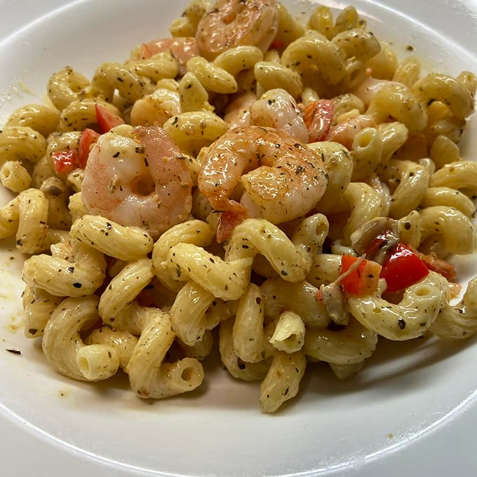 Perfectly cooked shrimp nestled among pasta shells in a creamy sauce, proving supper clubs can master Italian-inspired dishes alongside traditional favorites.