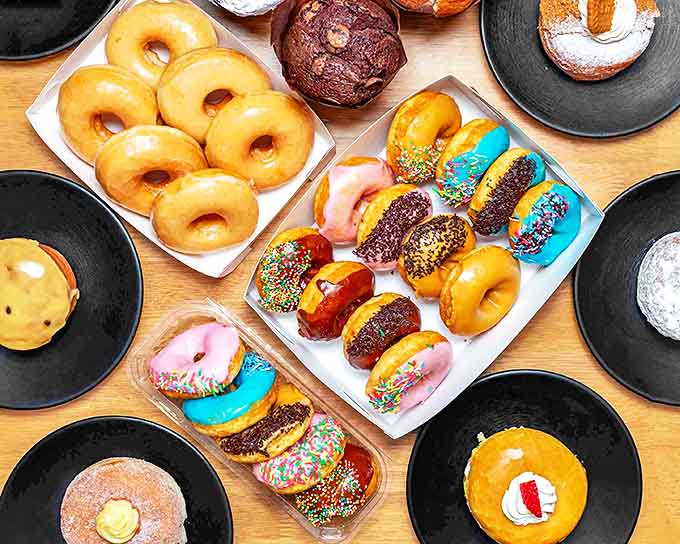 A rainbow of fried perfection – from sprinkle-topped party animals to sophisticated chocolate-glazed sophisticates.