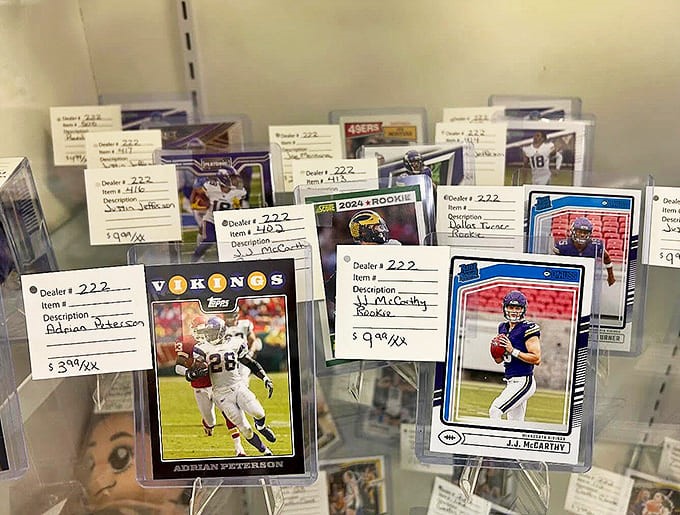 Sports legends frozen in time – these trading cards capture athletic glory days when Peterson ran wild and rookies became legends.
