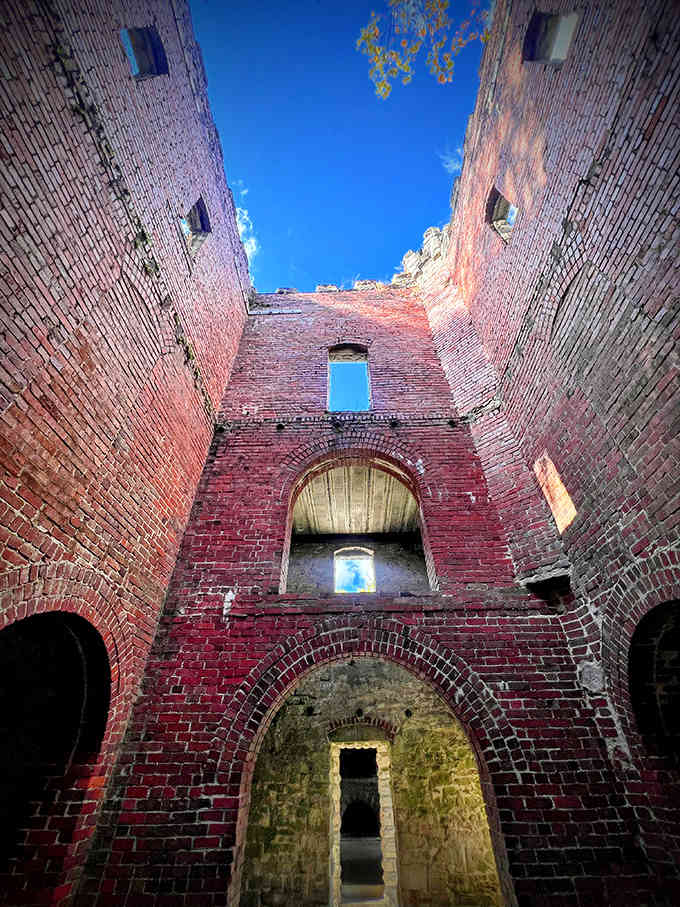 Looking up from within the castle ruins reveals the architectural ambition of its creator &ndash; imagine what the completed estate might have been!