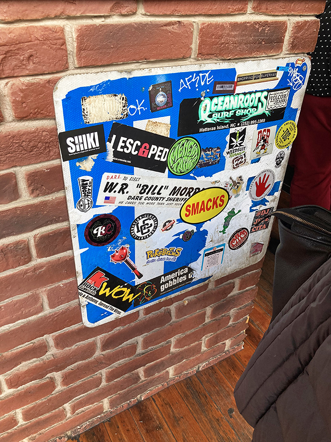 A sticker-bombed board chronicles adventures of visitors past &ndash; a colorful collage of memories, music, and inside jokes that grows with each passing year.