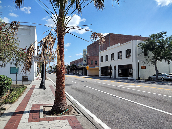 Palm trees and Art Deco architecture create the perfect Florida streetscape, where Mediterranean dreams meet small-town charm in downtown Lakeland's cultural heart.