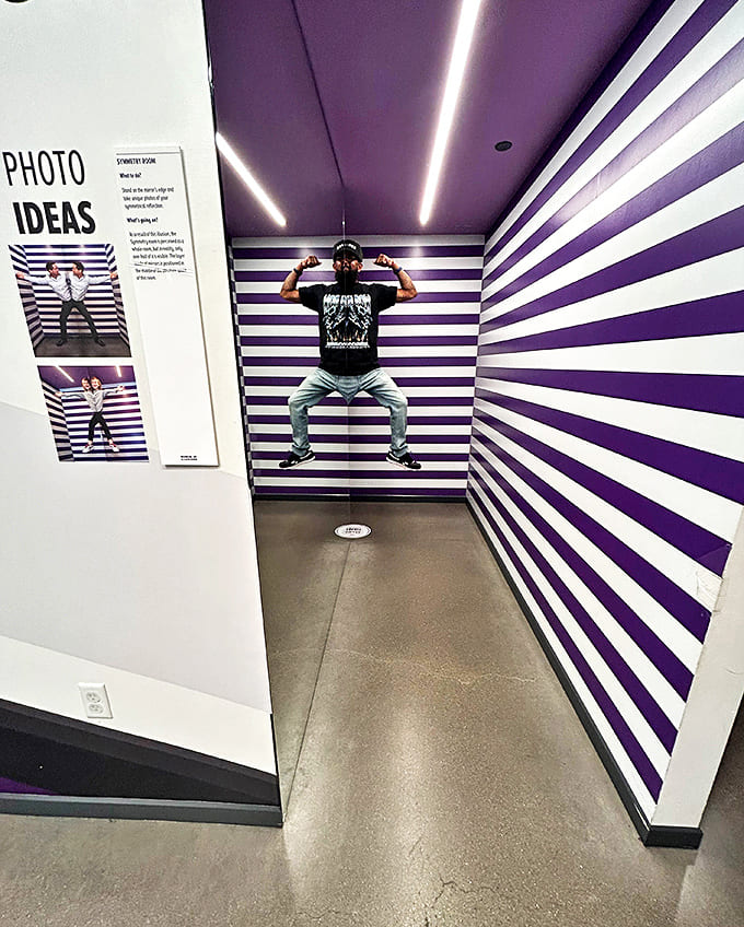 The striped illusion room plays tricks on your depth perception, making visitors appear to float in midair. Levitation has never been so accessible!