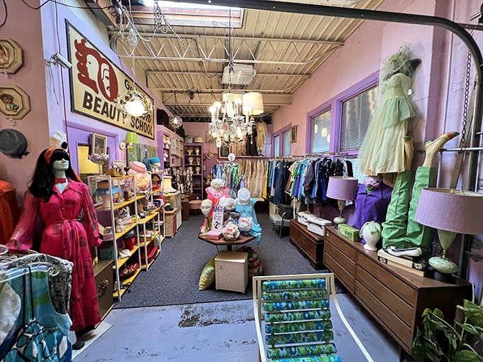 Vintage fashion displayed like artifacts from another dimension. That mint-green gown isn't just hanging&mdash;it's waiting for its next dance across a ballroom floor.