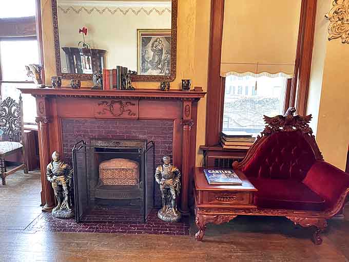 A jacuzzi with a view of electric fireplaces, because even medieval castles deserve some modern creature comforts for their royal guests.