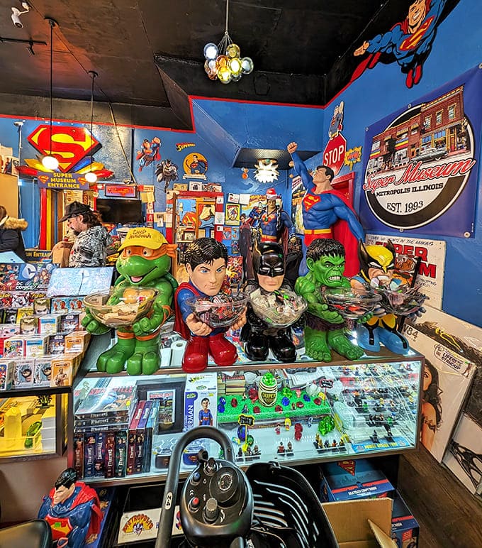 Action figures and collectibles create a miniature Metropolis of their own, with heroes and villains sharing shelf space in colorful harmony.