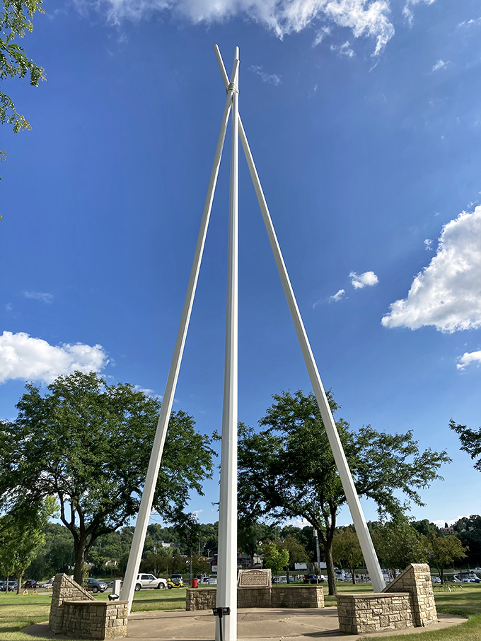 The Tipi Monument stands tall against the blue sky, honoring the Dakota heritage that forms an essential chapter in Red Wing's story.