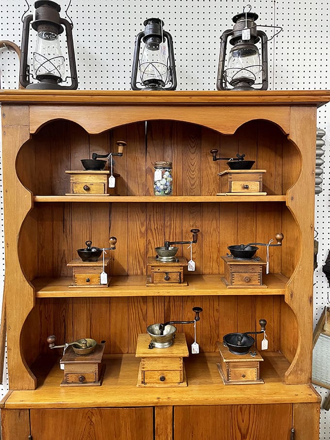 Antique lanterns and hand-crank coffee grinders showcase the beautiful craftsmanship of everyday items from eras when even utilitarian objects were designed to last generations and look good doing it.