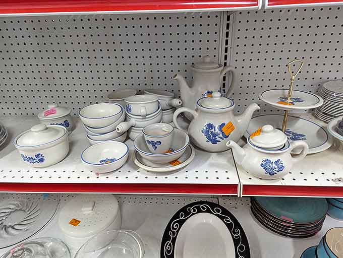 Delicate blue and white dinnerware sets await family gatherings and dinner parties, bringing vintage charm to modern tables.