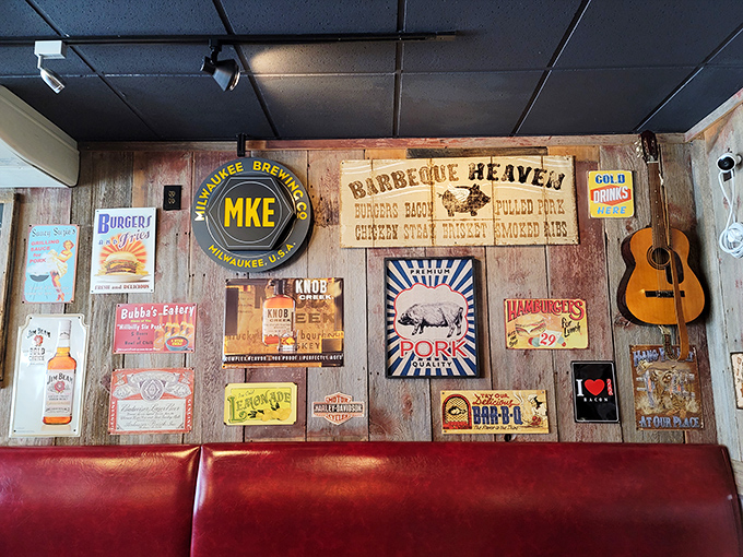 The walls tell stories of barbecue devotion &ndash; vintage signs and local brewery nods create an atmosphere of rustic authenticity.