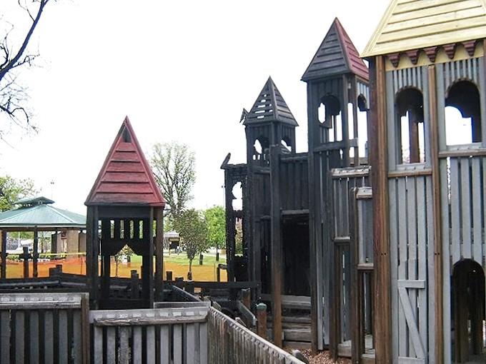 The playground's thoughtful design creates natural gathering spaces where children can collaborate on imaginative adventures.