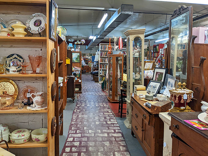 Narrow pathways wind through Annie's densely packed wonderland, where each turn reveals new categories of collectibles waiting to be discovered.