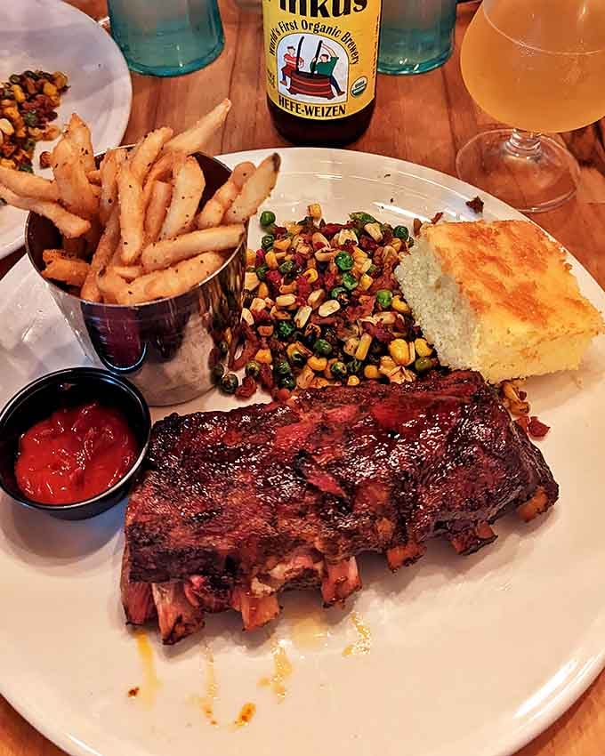 Fall-off-the-bone ribs with perfectly charred edges, served with golden fries and succotash that would make any Midwesterner misty-eyed with pride.