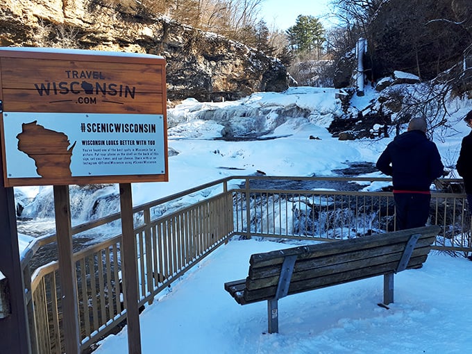 Winter's icy grip transforms the normally rushing falls into a frozen sculpture garden that draws photographers and ice climbers alike.