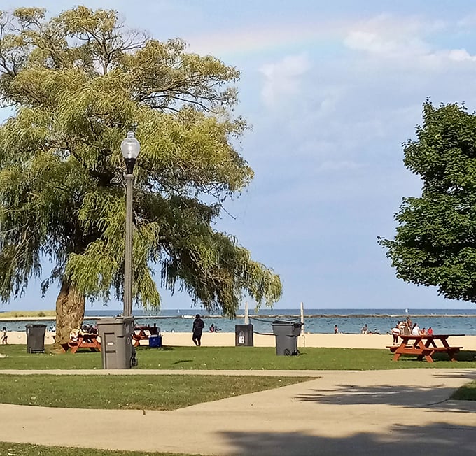 Picnic tables await hungry beach-goers, promising meals with million-dollar views that somehow don't appear on any restaurant bill.
