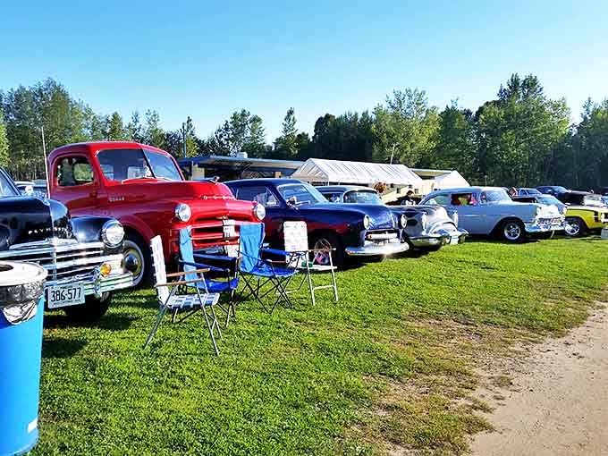 Vintage automobiles and folding chairs create the perfect setting for an evening of entertainment under Wisconsin's open skies.
