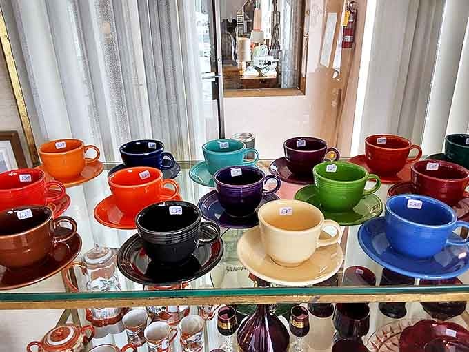 The rainbow array of Fiestaware cups brings instant joy &ndash; these weren't just vessels for coffee but colorful celebrations of everyday moments.