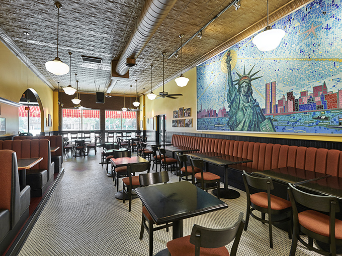 The dining area features a stunning mosaic of Lady Liberty, reminding patrons of the immigrant journey behind these beloved Eastern European traditions.