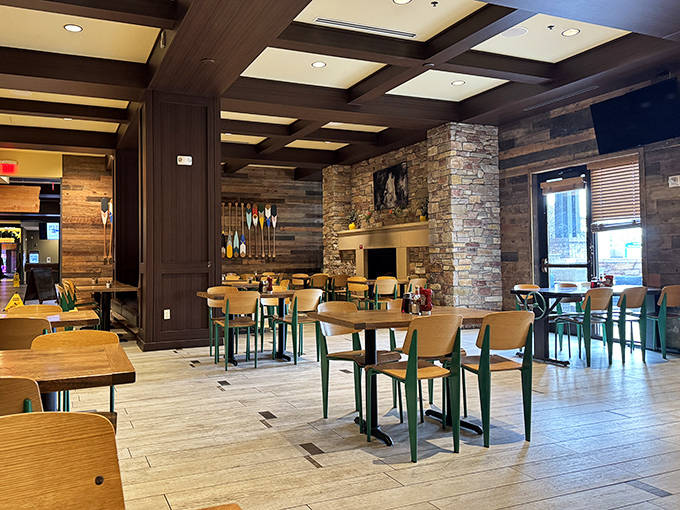 The dining area's rustic-chic vibe says "mountain lodge," while your still-damp swimsuit under your clothes whispers "you just left a water park."