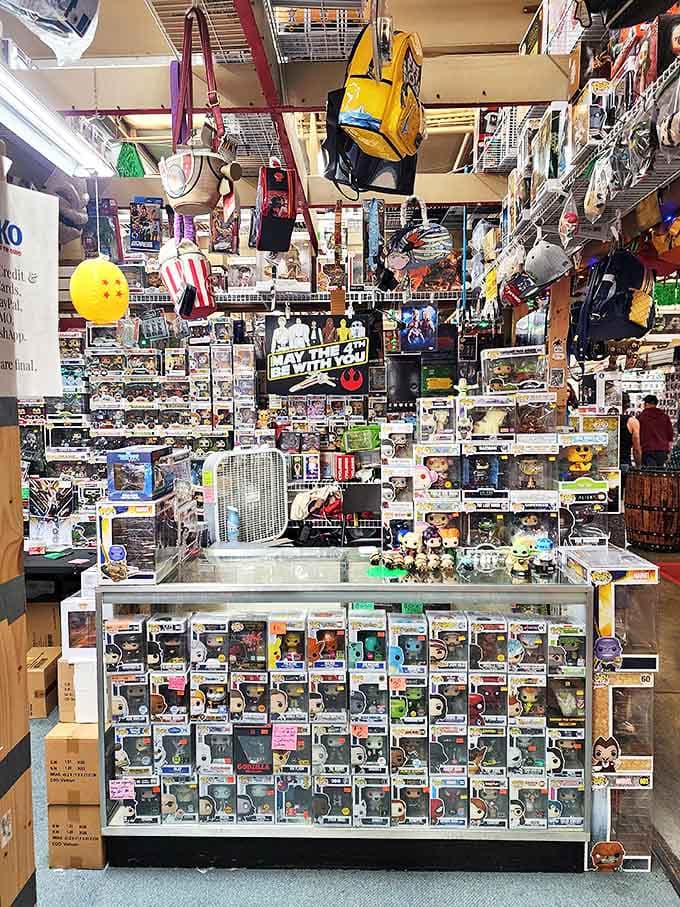 Action figures and collectibles stand at attention in this pop culture museum where childhood memories are preserved in mint condition, original packaging included.