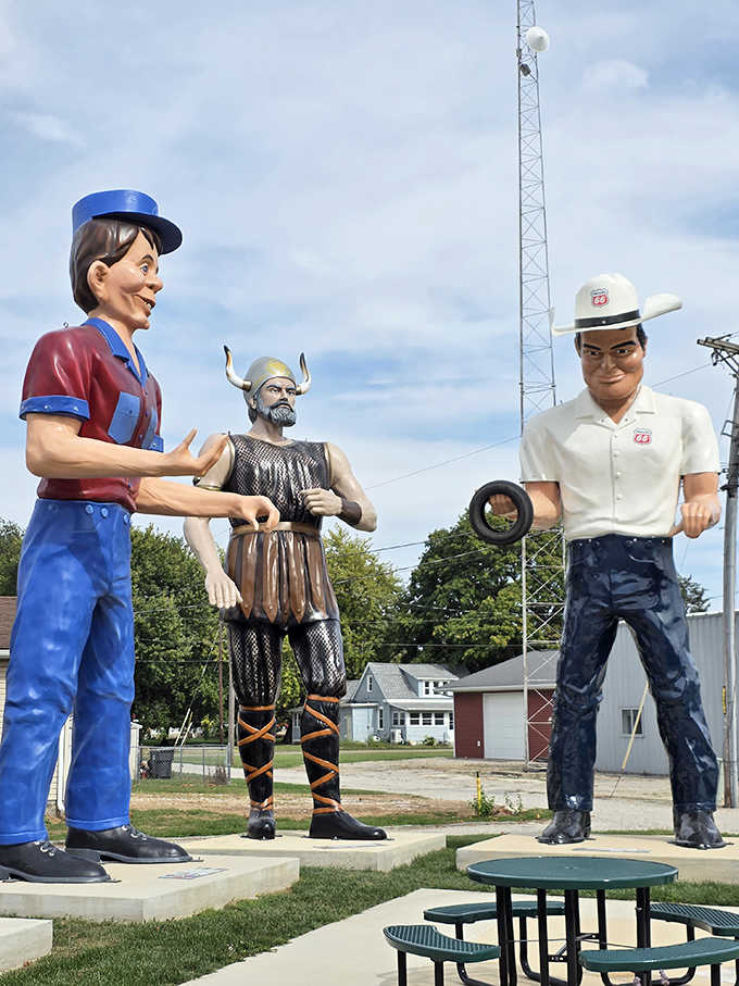 This trio of giants &ndash; service attendant, Viking warrior, and Texaco man &ndash; stand like sentinels of a lost era of American roadside culture.