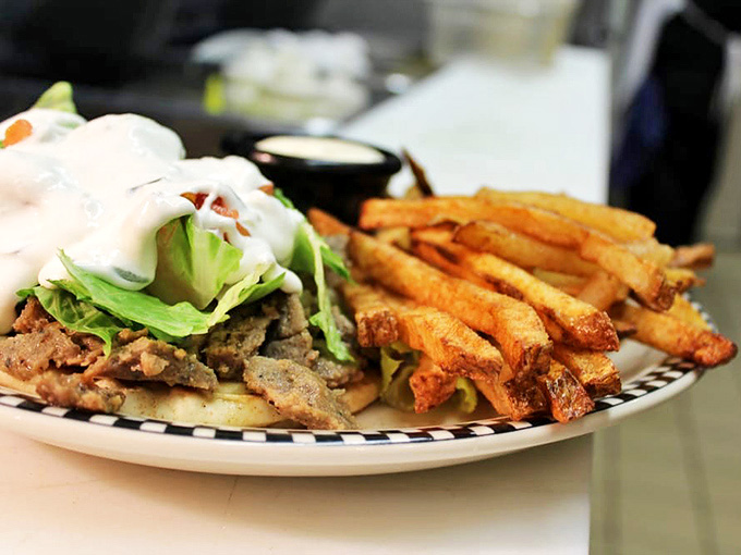 This gyro sandwich isn't just lunch &ndash; it's a handheld vacation to the Mediterranean, complete with crispy fries as your travel companions.