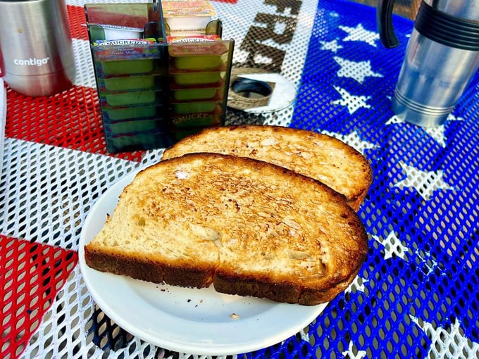 Toast so perfectly golden it belongs in a museum of breakfast art &ndash; simple pleasures executed with diner precision.