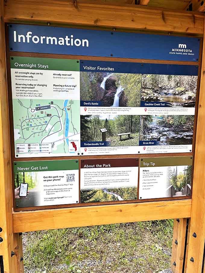 The informational board offers visitors insights into the park's natural wonders, helping adventurers make the most of their Devil's Kettle experience.