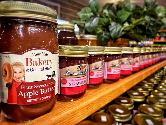 Homemade jams and preserves line the shelves like edible jewels. Each jar contains summer sunshine, captured and preserved with generations of expertise.