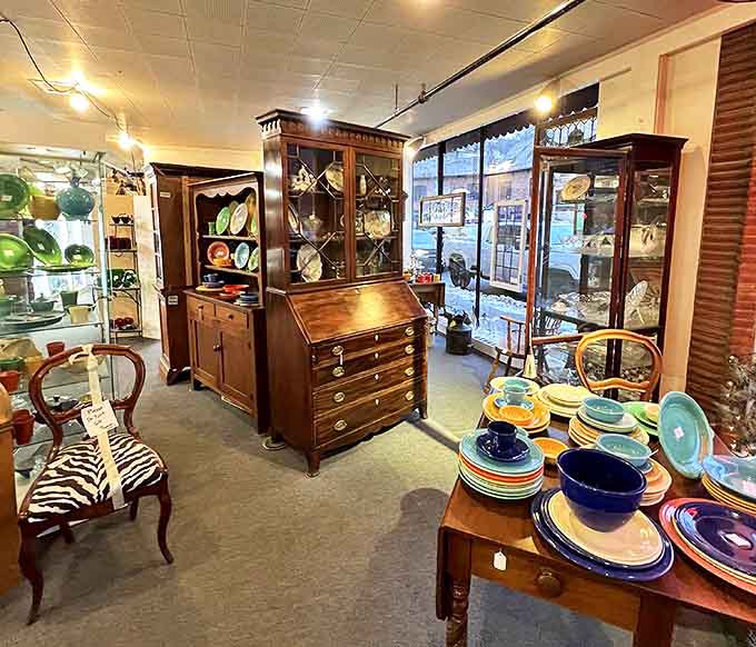 A collector's dream of vintage bottles stands in perfect formation, their varied shapes and colors creating an apothecary-like display of everyday history.