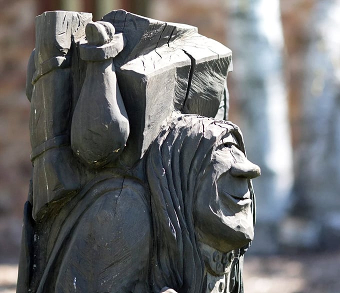 This imposing wooden troll carving showcases the remarkable craftsmanship behind Mount Horeb's famous residents, each one uniquely expressive and characterful.