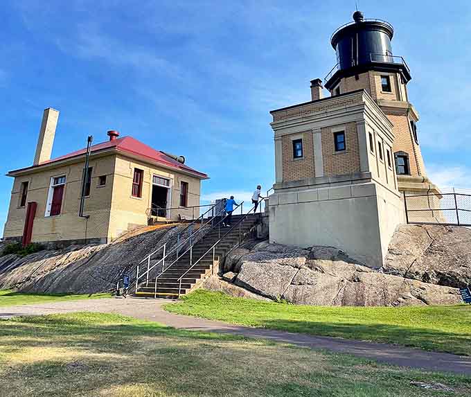 Historic guardian: Up close, the lighthouse reveals its sturdy construction and thoughtful design, standing strong against Lake Superior's moods.