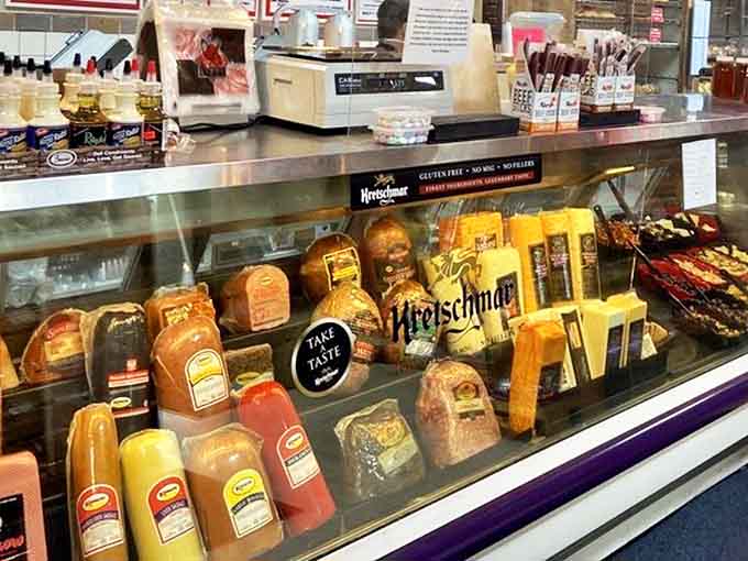 The deli counter's impressive selection of meats and cheeses stands ready for sandwich construction or the charcuterie board of your dreams.