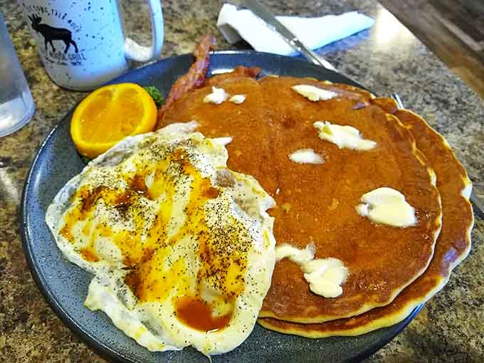 Pancakes achieve mythical status at Lazy Moose&mdash;fluffy centers with slightly crisp edges that stand up admirably to real maple syrup.