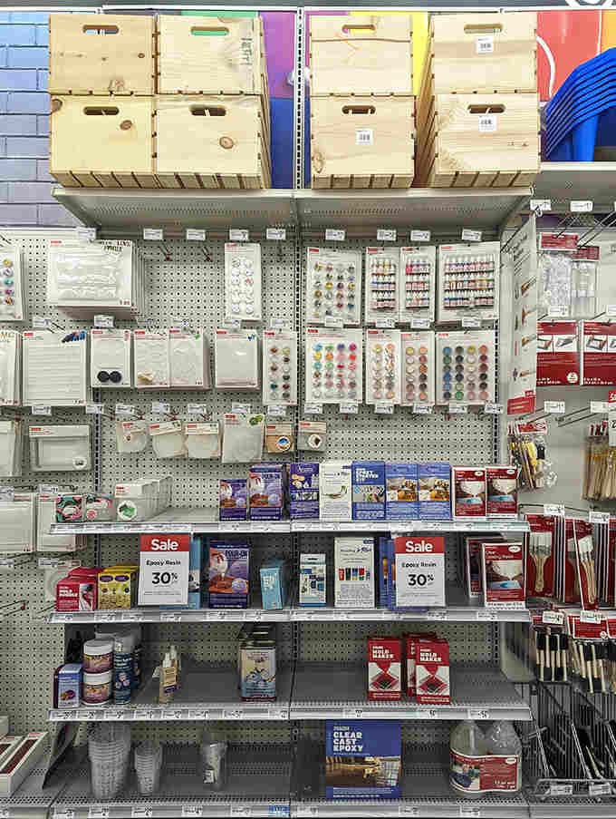 The resin crafting section, where modern alchemists transform liquid into jewelry, coasters, and paperweights that capture moments like insects in amber.