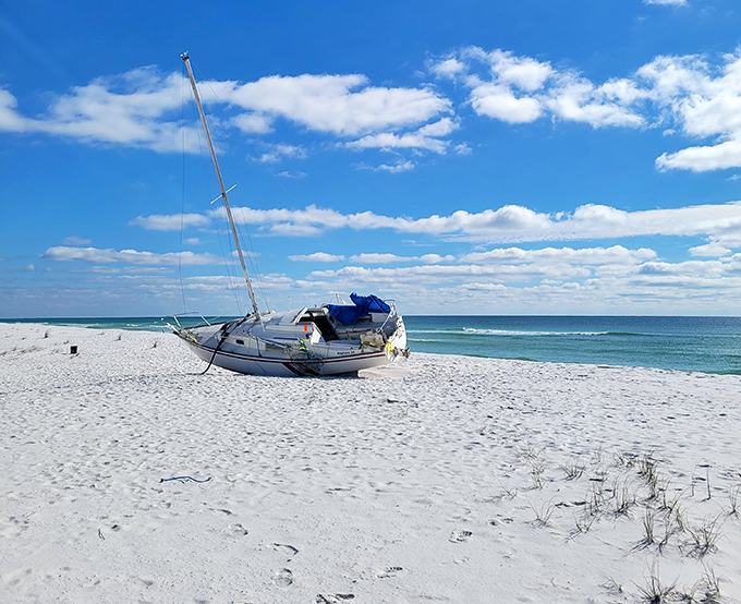 Someone's sailing adventure took an unexpected turn, creating an accidental beach sculpture that tourists now photograph religiously.