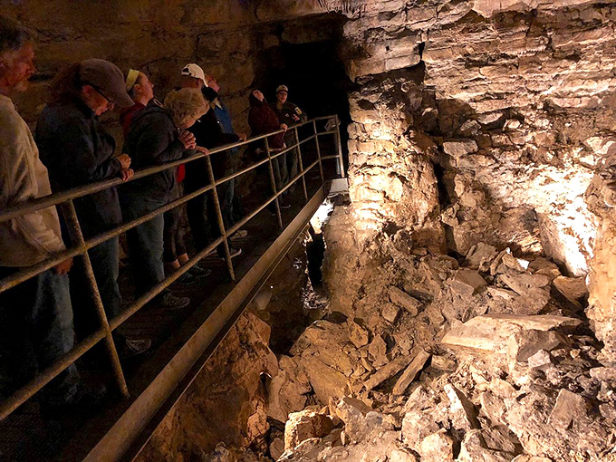 Tourists navigate the cave's pathways, experiencing a world that exists in perpetual darkness except when humans bring the light.