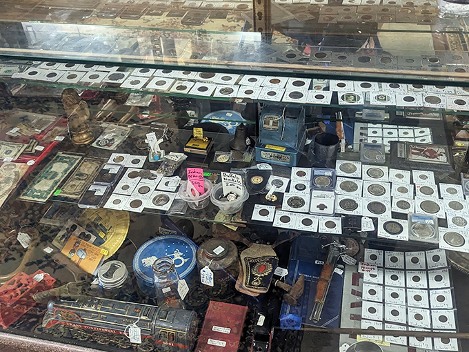 Money talks, but these coins whisper secrets of the past. Each tiny metal disc has passed through countless hands before landing in this display case.