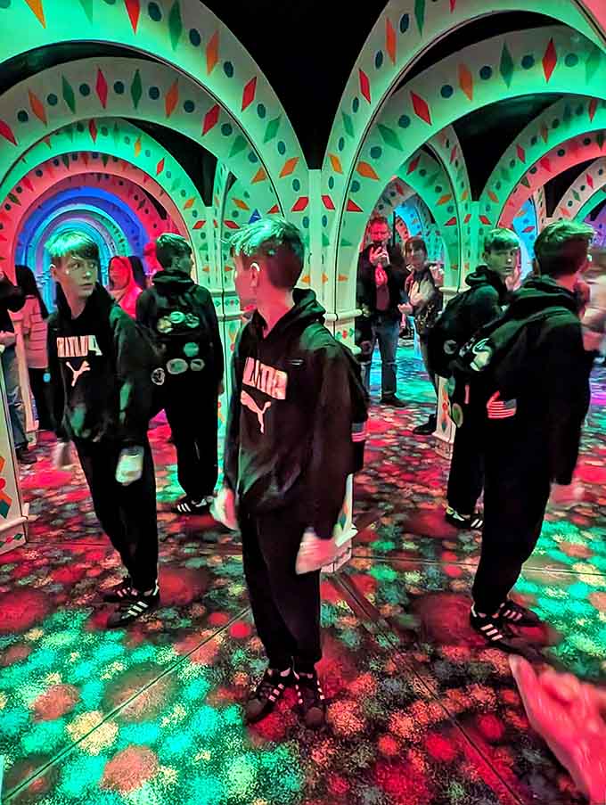 Teenagers navigate the maze with a mix of confidence and confusion, their reflections multiplying with each tentative step forward.