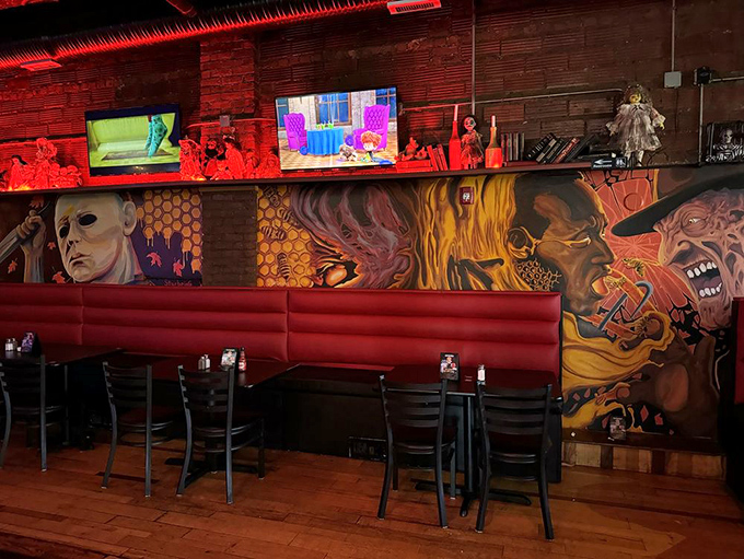 The horror-themed murals aren't just decoration &ndash; they're conversation starters that'll have you debating favorite scary movies between delicious bites.