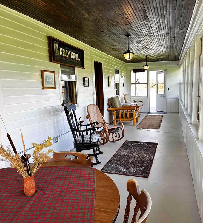 Rocking chairs on the porch where time slows down and conversations deepen, the unofficial therapy office of Kelly Knoll Farmhouse.