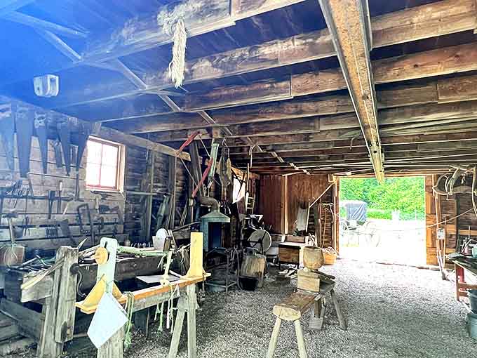 This workshop preserves traditional craftsmanship, with tools arranged exactly as they would have been when last used by frontier artisans.
