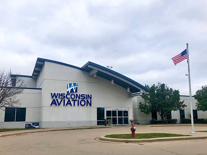 Ready for takeoff! Wisconsin Aviation's sleek exterior houses the Jet Room Restaurant where dining meets aviation.