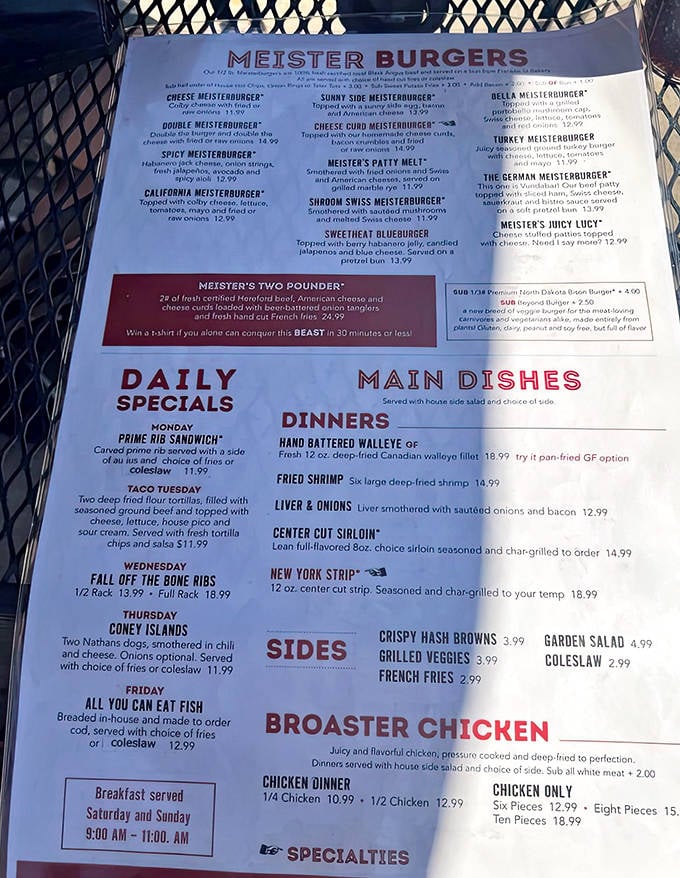 The menu reads like a love letter to comfort food &ndash; Meisterburgers steal the show, but daily specials keep regulars coming back for more.