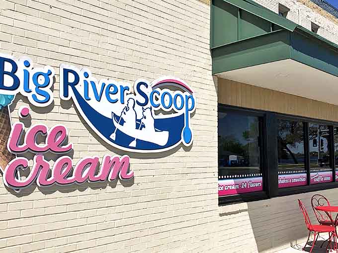 The inviting exterior of Big River Scoop beckons with its cheerful signage, promising sweet adventures within Bemidji's favorite frozen treat destination.
