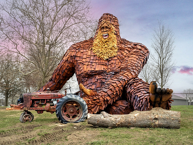 Sunset transforms this wooden giant into a mythical guardian, his cedar-shingled form glowing amber against the twilight sky.