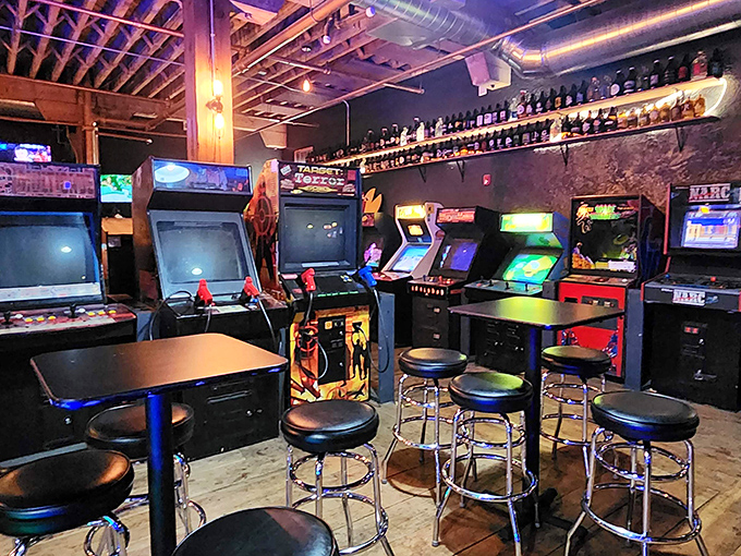Level up your night with vintage games and great company. This cozy arcade bar is the perfect spot for fun!